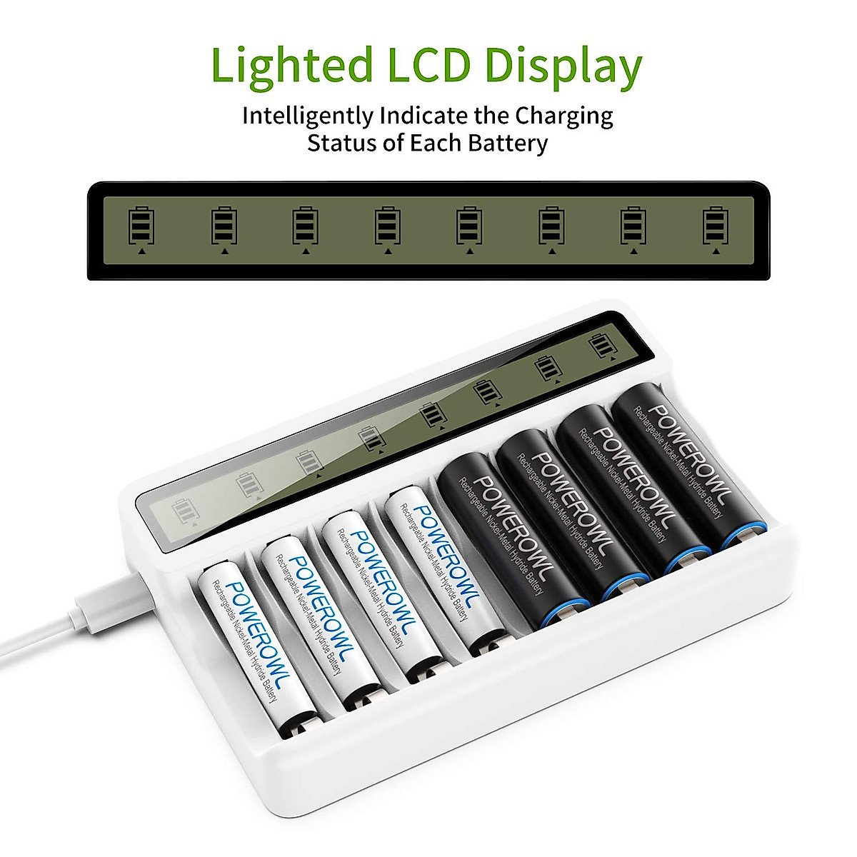 POWEROWL 8 Bay AA AAA Battery Charger with LCD Display (USB Quick Charging, Independent Slot) +AA 2800mAh & AAA 1000mAh 1.2V NiMH Battery Low Self Discharge, Pack of 16