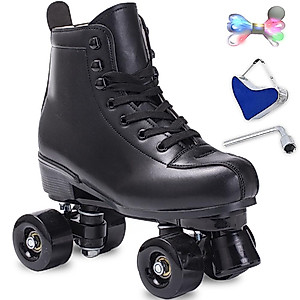 Roller Skates Women Men High-Top PU Leather Roller Skates Classic Double-Row Roller Skates Outdoor Indoor Quad-Skates with Light up Shoe Laces (Black Black Wheel, 42-US Men 8.5= Women 9.5)