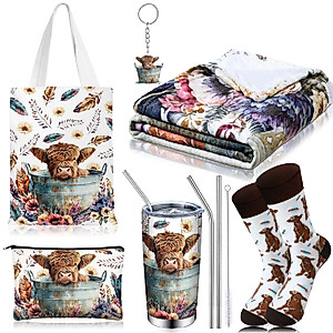 Tiangrid 6 Pcs Western Highland Cow Gifts for Women Include 20 oz Highland Cow Stainless Steel Tumbler with Lid Straw Cosmetic Bag Throw Blanket Keychain Socks Handbag for Highland Cow Lover
