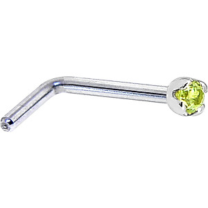 Body Candy Solid 14k White Gold 1.5mm Genuine Peridot L Shaped Nose Stud Ring 20 Gauge 1/4"