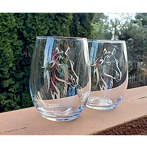 Etched horse wine glass set, wine glass, horse glass, wine gift, wine glass set of 2, etched horse, horse wine glass, stemless wine glass, 15 oz. wine glass