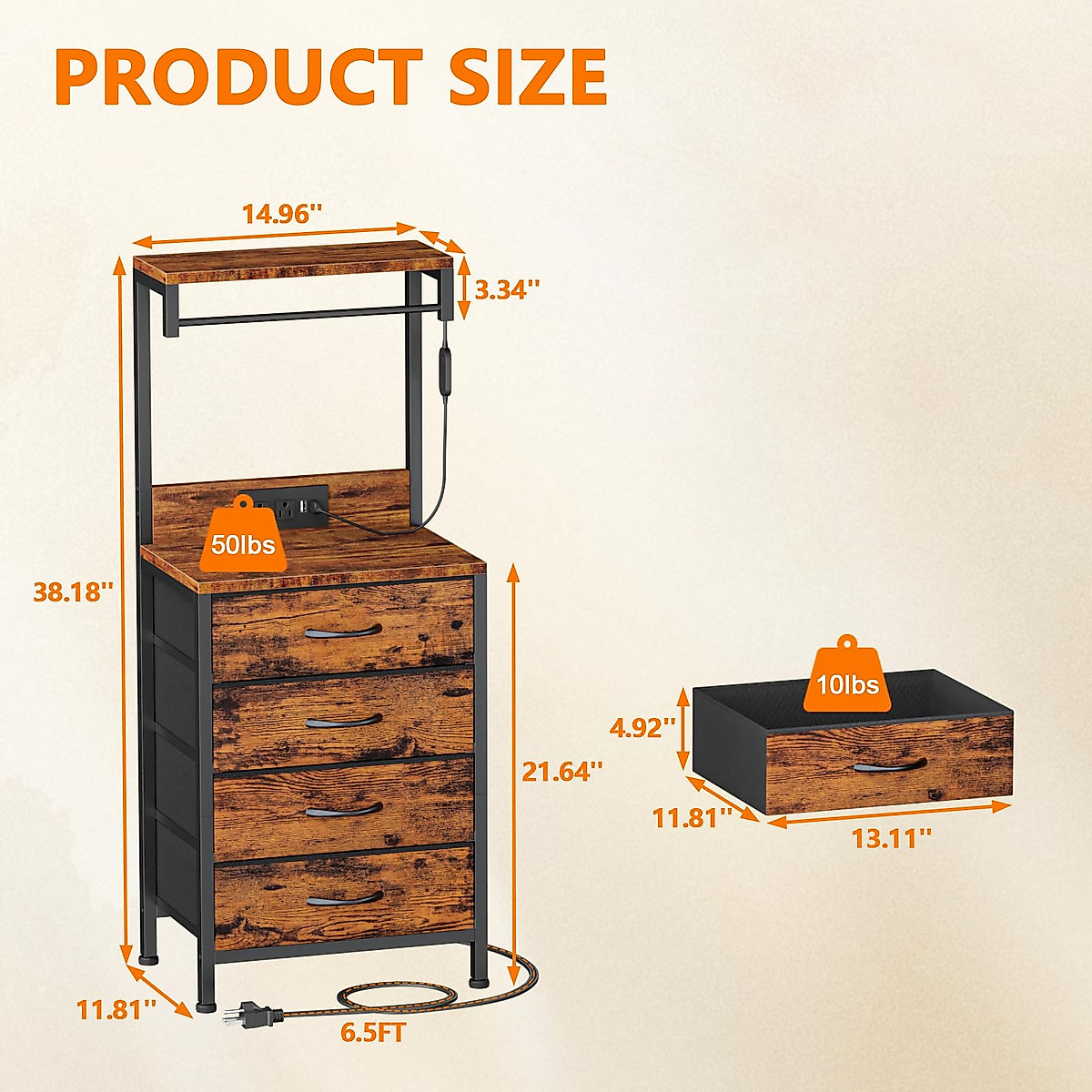 Furnulem Tall Nightstand with Charging Station, Night Stands with LED Lights and Storage Shelves, Bed Side Table for Bedroom, Hallway, Office, 4 Fabric Drawers, Rustic Brown