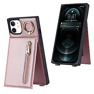 Jaorty iPhone 12 Mini Case with Card Holder for Women,Crossbody Wallet Case for iPhone 12 Mini with Strap,[Ring Holder Kickstand] Lanyard Leather PU Magnetic Clasp Zipper Purse,5.4" Pink