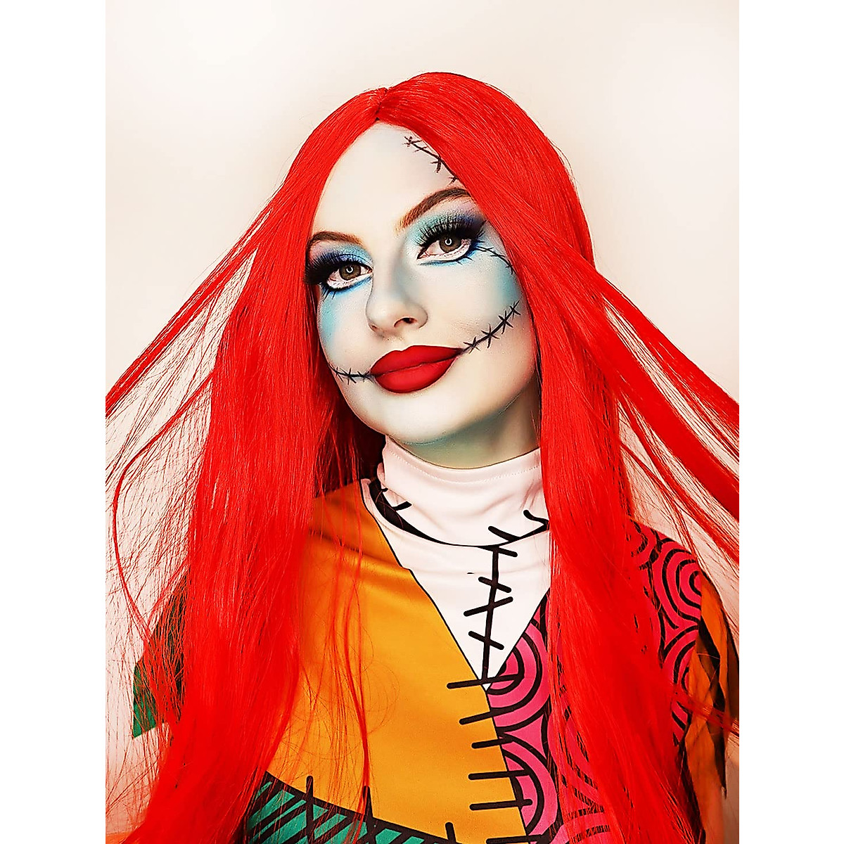 ALLAURA Red Wig Sally Nightmare Before Christmas Cosplay, Realistic Bright Red Long Wig for Women Men Anime Wigs — Compatible with Sally Nightmare Before Christmas Wig