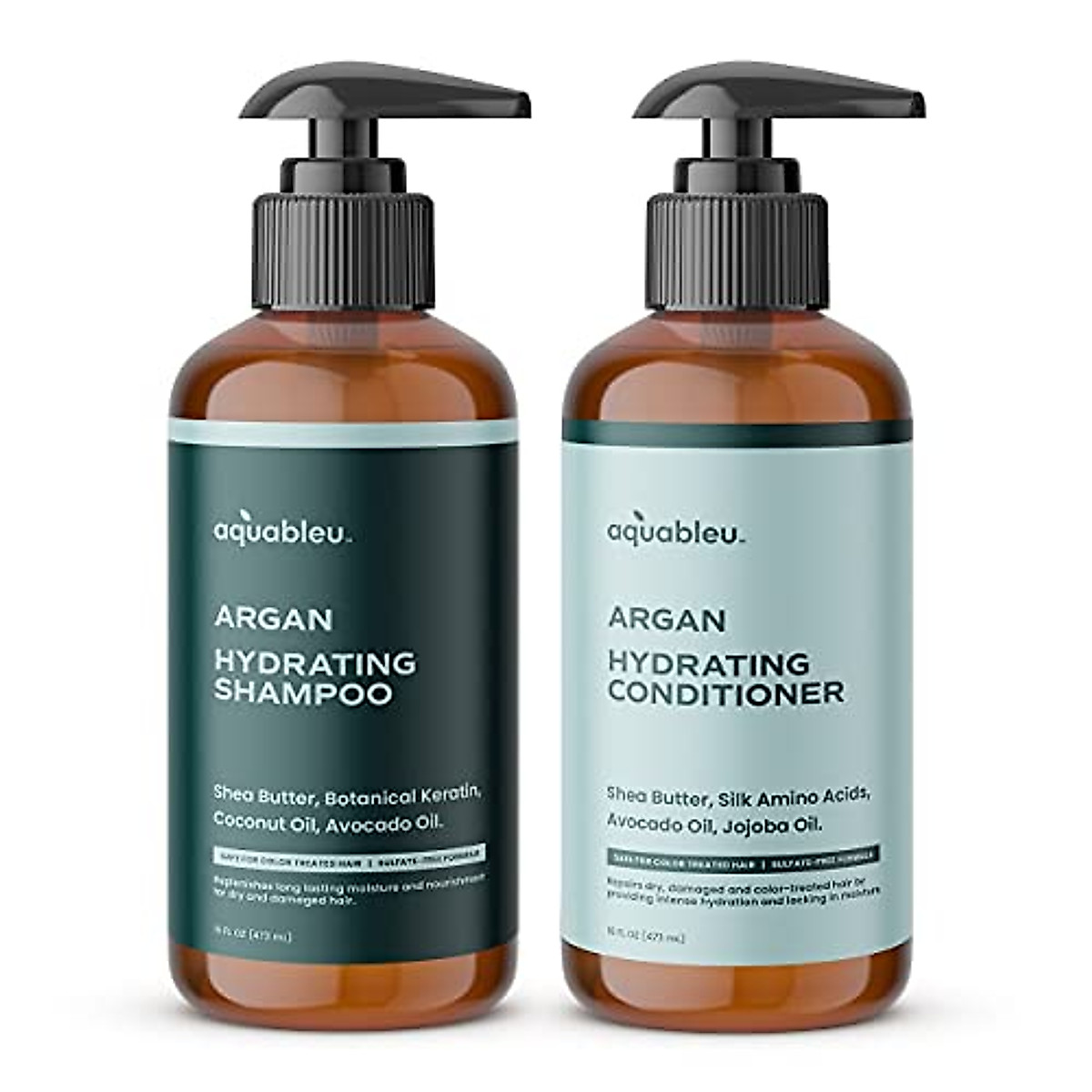 Aquableu Argan Shampoo and Conditioner Set – Ultra Moisturizing, Restorative and Strengthening – Great for Dry, Damaged & Curly Hair - Natural Argan & Jojoba Oil - Sulfate & Paraben Free – 16oz