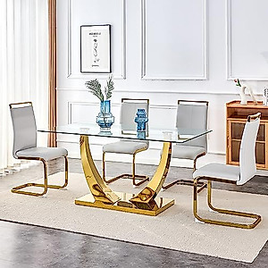 Wlvos 62.8" Rectangular Glass Dining Table for 4-6 with 0.39" Tempered Glass and Golden Chrome Metal Special-Shaped Bracket, for Kitchen Dining Living Meeting Room Banquet Hall (Golden)