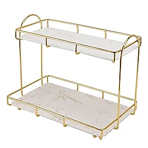 Yosoo Health Gear 2 Tier Cosmetic Storage Shelf Large Capacity Waterproof Gold Metal Rack for Bathroom Kitchen Bedroom Organizer Countertop with Golden Liner
