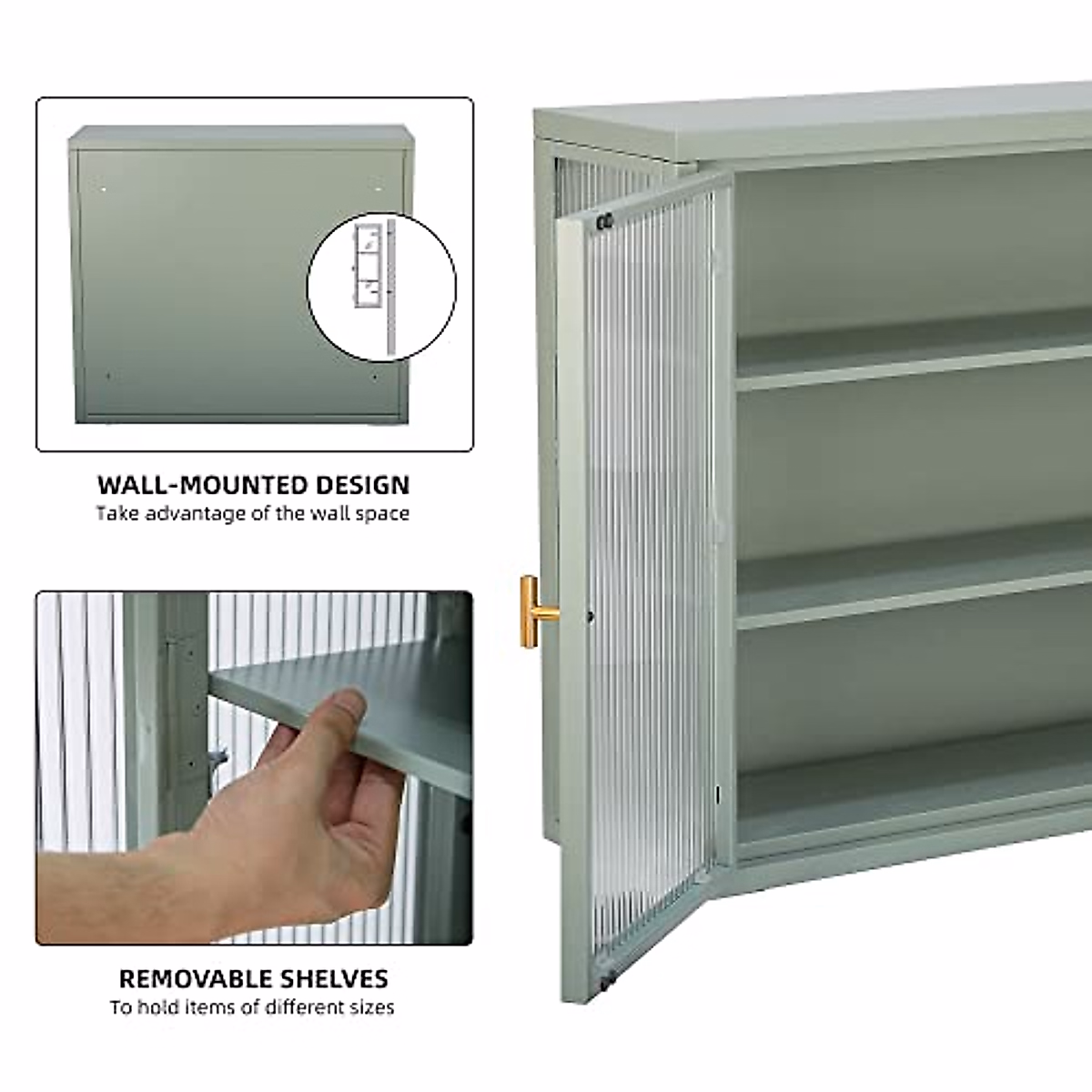 HomSof Wall Cabinet Haze Double Glass Door Detachable Shelves for Office, Dining, Living Room, Kitchen and Bathroom, Mint Green