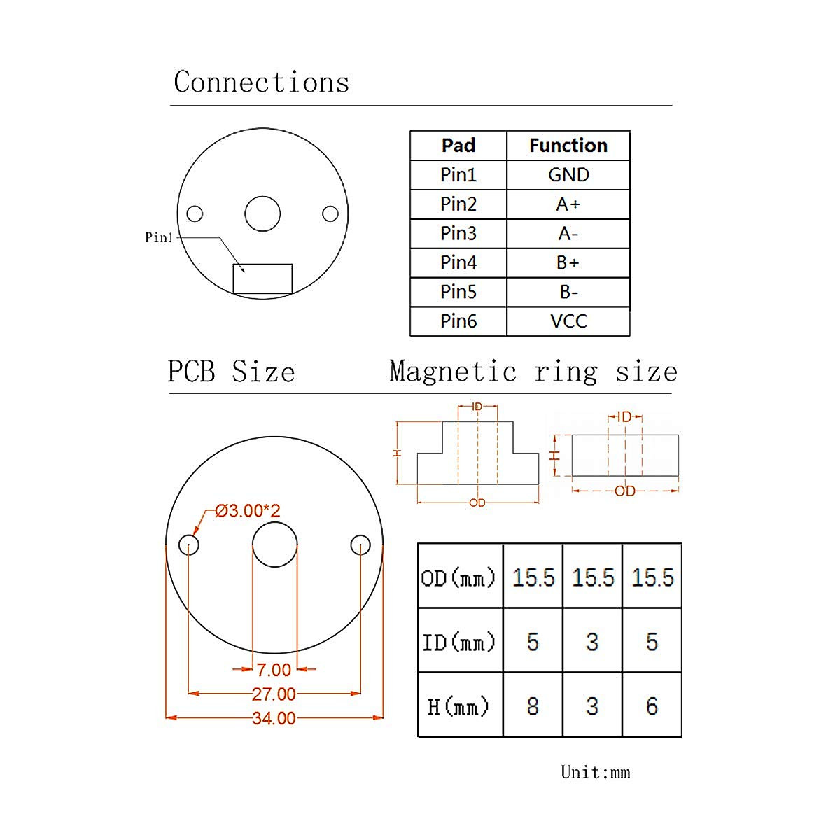 MGT010-42ST magnetic encoder for stepper Motor and bushless DC Motor Incremental output DC 5V 1000 PPR (MGT010-42ST 15.5 * 5 * 6)