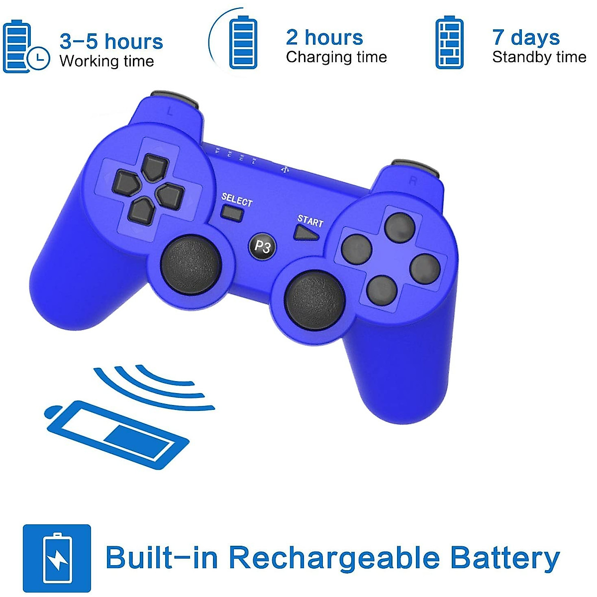 Rzzhgzq 2 Pack PS3 Wireless Controller Playstation 3 Controller Wireless Bluetooth Gamepad with USB Charger Cable for PS3 Console (Black+Blue)