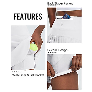 BALEAF Women's Pleated Tennis Skirts High Waisted Lightweight Athletic Golf Skorts Skirts with Shorts Pockets White Medium
