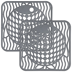 Coopay 2 Pack Kitchen Sink Mat PVC Eco-friendly Kitchen Stainless steel/Porcelain Dish Drying Pad Sink Protector for Bottom of Kitchen Sink, Fish Pattern Design, 11.8 x 11.8 Inches (Gray)