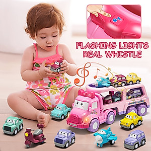 Cartoon Vehicle Toy for Toddler Girl, 9-in-1 Pink Carrier Truck for Baby Girls, Friction Power Transport Car with Light and Sound, Toys for 3 Years Old Little Girl Kid Child Infant Gift Birthday