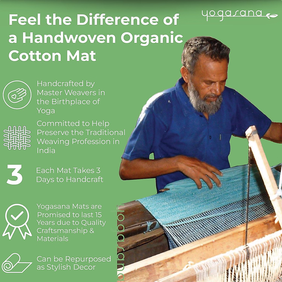 Yogasana Organic Cotton Yoga Mat - Non Slip Hand-Woven Foldable Yoga Rug Provides Excellent Comfort, Traction & Support-Travel Extra Thick Yoga Mats for Indoor & Outdoor Use - 24 x 72 Inches, Sand