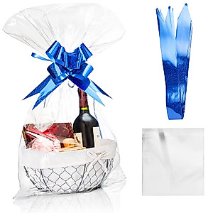 Gift Basket Empty to Fill- Sturdy Metal Fruit Basket with Additional Clear Wrapping Bags and Pull-Bows, Durable Black Wire Fruit Basket With Lining for Gifts and Storage, DIY Gift Basket