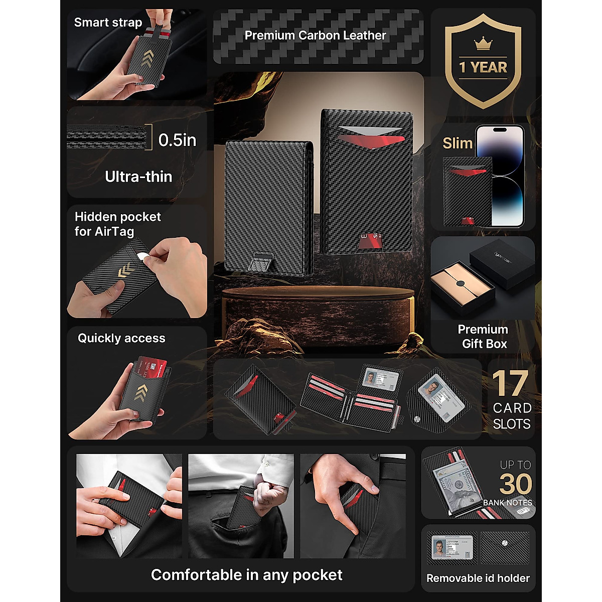 Wallet for Men with Stealth Pocket for Airtag: Leather Wallet with 3 in 1 Design, Removable ID Window, RFID Blocking, 17 Card Capacity, Slim, Carbon Fiber, Bill Divider, Front Wallet with Gift Box