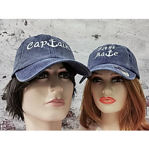 Captain & First Mate Anchor Hats for Couples, Navy Blue Embroidered Matching Boating Baseball Caps, Sailing Gift