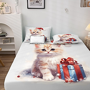 Christmas Cat Sheets Full Size Sheet Sets - Cute Kitten Bed Sheets, Soft Microfiber & Deep Pocket & Wrinkle Free Patterned Bedding Sheets & Pillowcases, 1 Fitted Sheet, 1 Flat Sheet, 2 Pillow Cases