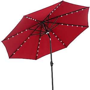 GDY 10Ft Patio Umbrella, Solar Powered 40 LED Lighted Aluminum Outdoor Table Market Umbrella with Tilt and Crank, Center Light (Charming Red)