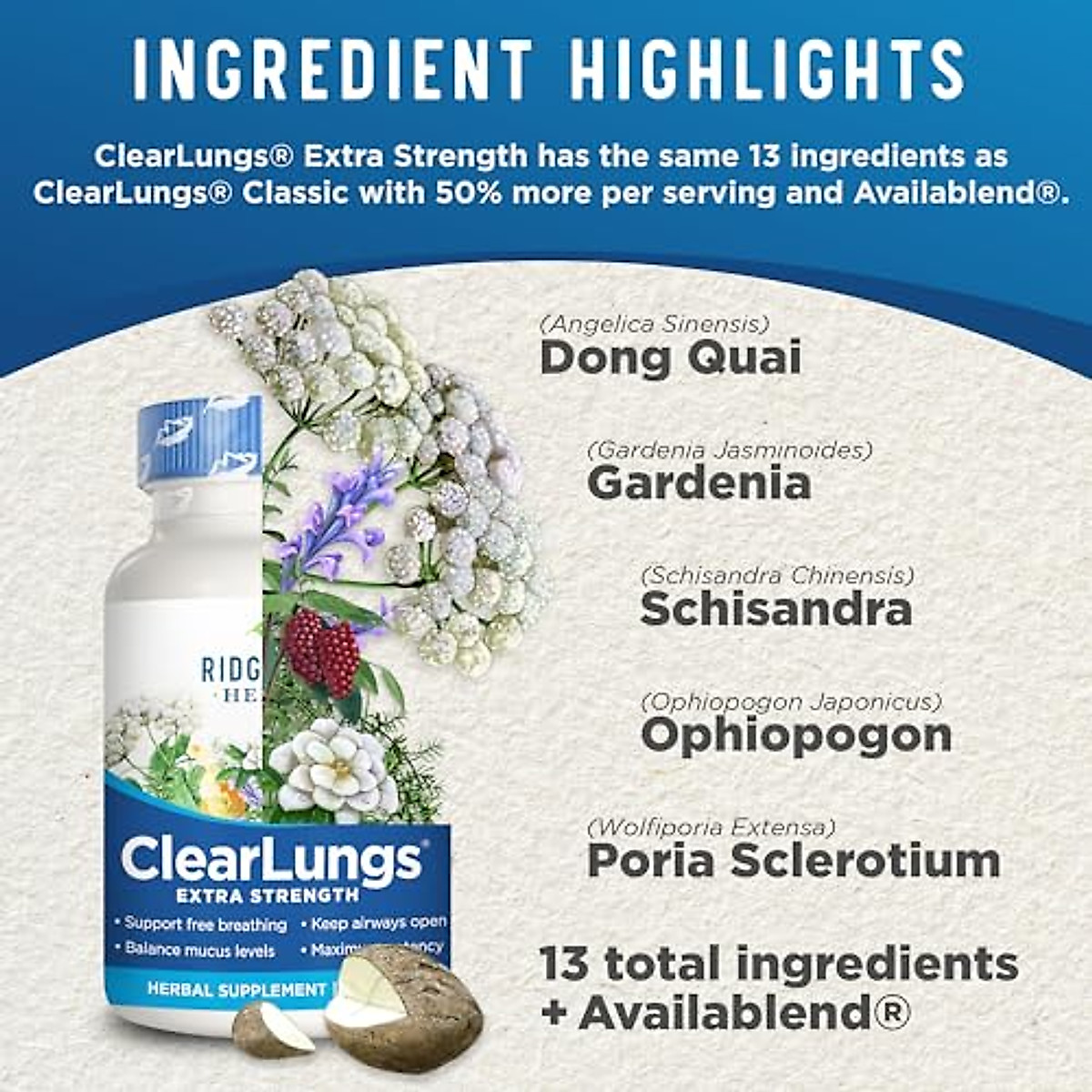 RidgeCrest Herbals ClearLungs Extra Strength, Daily Health Supplement, Natural Lung and Nasal Wellness Formula for Bronchial, Respiratory, Immune, Sinus, and Mucus Support (60 Vegan Caps, 30 Serv)