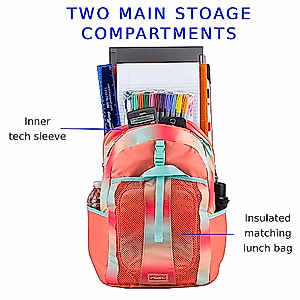FUEL Lunch Backpack Set Teens Student Water Resistant Bookbag Bag Soft Reusable Insulated Cooler Lunch Box Thermal Travel Office Lunch Bag, Pink Ombre