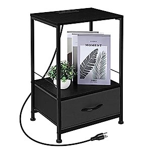 Nightstand with Charging Station Black Side End Table with USB Ports and Outlets 2 Tier Small Side Table with Drawer Modern Bedside Table with USB Ports and Storage in Bedrooms Living Room
