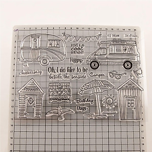 Silicone Stamp Cards, 2Pcs Camping Style Clear Stamps Cute Clear Rubber Stamps Cartoon Touring Car Seaside Spending Holiday Series Clear Stamps