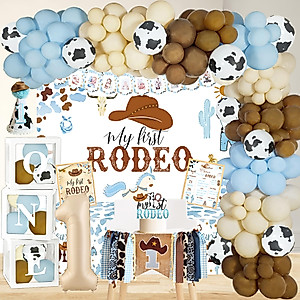 YJDFWAUT Cowboy 1st Birthday Party Decorations, My First Rodeo Birthday Party Supplies, Cowboy 1st Birthday Balloon Arch Balloon Box Photo Banner Highchair Banner Crown foy Baby Boy 1st Birthday