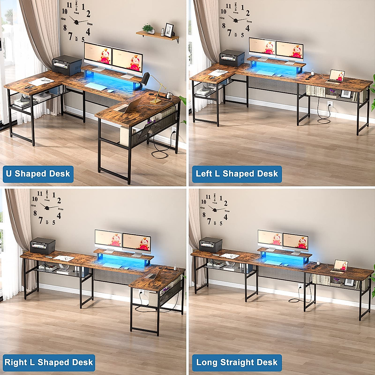 Unikito 130 Inch Computer Desk, DIY Sturdy U Shaped Office Desk with Smart Strip Light and Magic Power Outlet, Cool Modern Gaming Table with Monitor Stand and Storage Shelves, Space Free, Black Oak