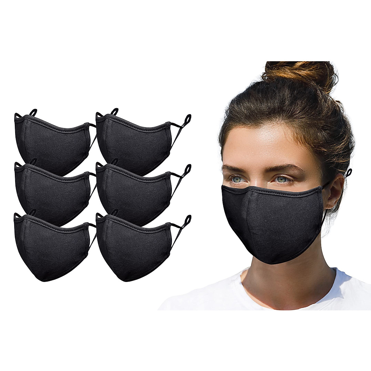 Simlu 6 Pack Premium Fabric Face Mask Reusable with Adjustable Elastic, 2 Layer,Cotton, Breathable, Nose Wire Black Cloth face Mask Washable Fits Men Women and Kids Made In USA
