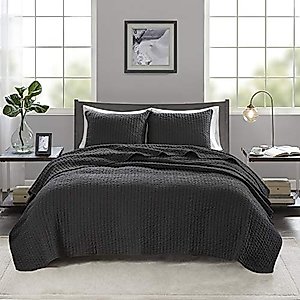 Madison Park Keaton Quilt Set-Casual Channel Stitching Design All Season, Lightweight Coverlet Bedspread Bedding, Shams, Full/Queen(90"x90"), Stripe Black