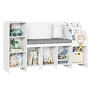 HOUSUIT Kids Bookshelf with Reading Nook, Bookcase with Seat Cushion and Adjustable Shelf, Storage Bench with Book Rack for Bedroom, Entryway, Playroom, 15.7" D x 54.5" W x 31.5" H, White