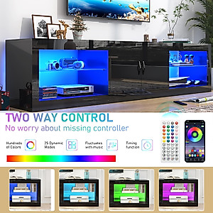 Vinctik 6&Fox 70 Inch Led TV Stand for 80/75 Inch TV, Modern Black Entertainment Center with Adjustable Glass Shelves Two Cabinets, Gaming High Gloss TV Stand with Led Light for Living Room,Black