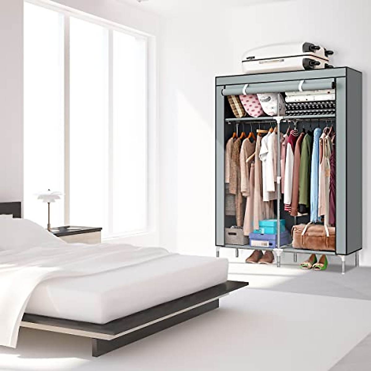 TIE-DailyNec Closet Portable Wardrobe Clothes Storage Organizer with Hanging Rails, Non-Woven Fabric Wardrobe Freestanding Storage Shelves, Durable & Easy Assembly Closet (Silver Gray)