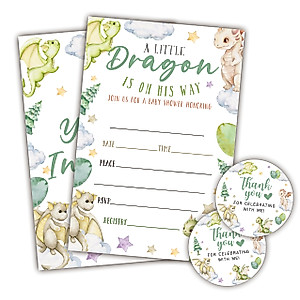 20 Baby Shower Invitations & Thank You Stickers - A Little Dragon Is On His Way, Adorable Dragon Invites, Envelopes & Adhesive Round Stickers, Gender Reveal, Baby Announcement Party Favor (A02)