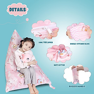 LOLOMLO Stuffed Animal Storage Bean Bag Chair Cover, Cotton Pink Unicorn Plush Toy Storage Stuff and Sit Seat for Kids/Teens/Adults, 52" x 31" Extra Large Triangle Floor Sofa, 200L/52Gal, Cover Only
