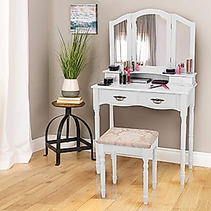 ReunionG Vanity Set w/Stool and Mirror, Multifunction Makeup Table Writing Desk w/Drawers, Trifold Large Mirror and Cushioned Stool, for Home Bedroom Vanity Dressing Table Desk (White)