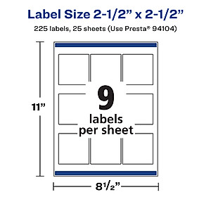 Avery Matte White Square Labels with Sure Feed, 2.5" x 2.5", 225 Matte White Printable Labels