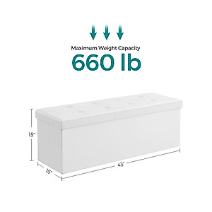 SONGMICS 43 Inches Folding Storage Ottoman Bench, Storage Chest, Footrest, Coffee Table, Padded Seat, Faux Leather, Holds up to 660 lb, White ULSF702