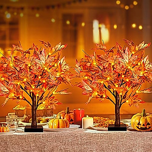 Remon 36 LED Lighted Fall Maple Tree - 1.5FT Thanksgiving Tabletop Lamp Decor with, 72 Maple Leaves, 6 Acorns, Timer Battery Operated 18 Inch Burlap Base Fall Artificial Tree for Autumn Decorations