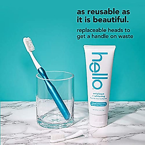 hello Manual Adult Toothbrush With Reusable Blue Modern Aluminum Handle & 4 Soft Replacement Heads, Bpa-free, 4 count