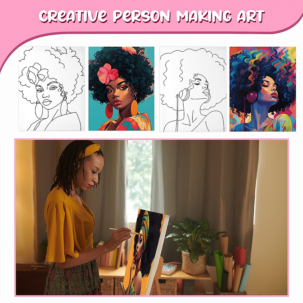 Sherr 20 Pcs Stretched Pre Drawn Canvas Afro Queen Black Art for Painting for Adults Outline Pre Drawn Stretched Cotton Canvas to Paint Party Set, 8 x 10''(Vivid)