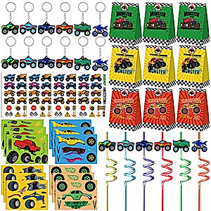Monster Truck Party Favors Set 72 PCS Truck Theme Slap Bracelets Keychains Tattoo Stickers DIY Stickers Drinking Straws Party Gift Bags for Kids Boys Birthday Party Supplies