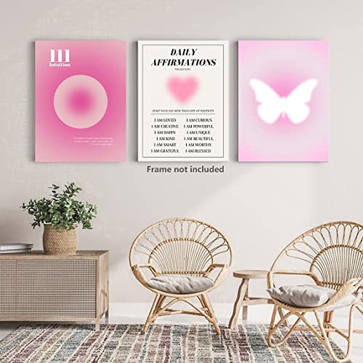 Pink Gradient Aura Angel Numbers Posters Sets for Room Aesthetic Spiritual Affirmation Canvas Wall Art Positive Energy Painting Y2k Butterfly Pictures Trendy Wall Decor for Bedroom 12x16in Unframed