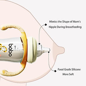 YOHKOH Natural Glass Baby Bottle with Natural Response Nipple, Wide Neck Baby Bottles with Handle, Newborn Anti-Colic Baby Bottles Gift Set, Clear (5.4oz (Pack of 2), Yellow)