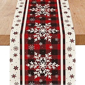 Niviy Snowflakes Christmas Table Runner with Buffalo Plaid, Winter Xmas Holiday Kitchen Dining Table Decoration for Indoor Outdoor Home Party Decor 13 x 72