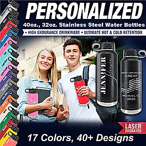 Personalized Water Bottle 40oz/32oz with Flip-top Lid and Straw, Customized Vacuum Insulated Water Flask, Stainless Steel Sports Double Wall Thermos, Name Engraved by iProductsUS (Black)