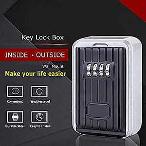 Key Lock Box with 4-Digit Combination, Lock Box Outside for House Key, Wall Mounted Weatherproof Resettable Code Key Lock Box for Outside, Ideal for Homes Hotels Schools