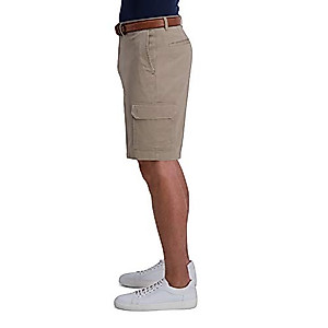 Haggar Men's Flat Front Solid Stretch Cargo Short, Khaki, 36