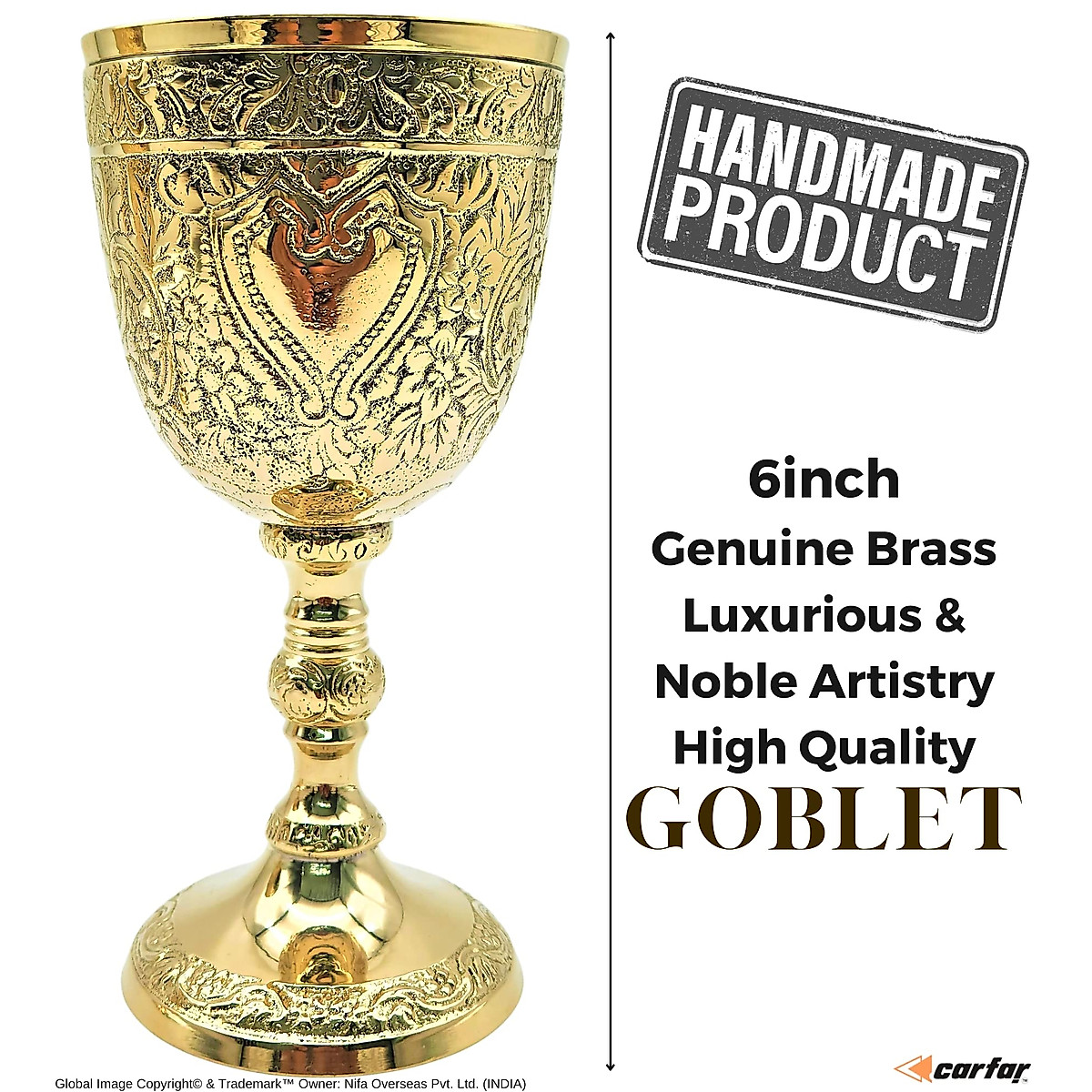 Carfar Wine Goblet Solid Brass Royal Wine Cup Handmade Goblet Medieval Decor Gothic Chalice Pack of 1
